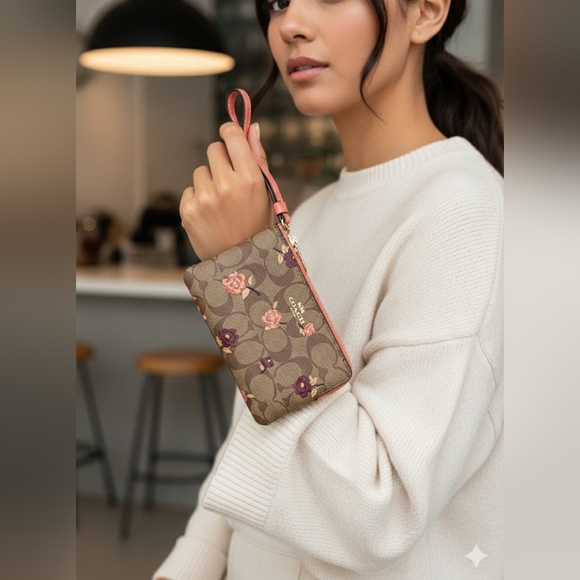Coach | Bags | Coach Corner Zip Wristlet Signature Canvas Tossed Peony ...
